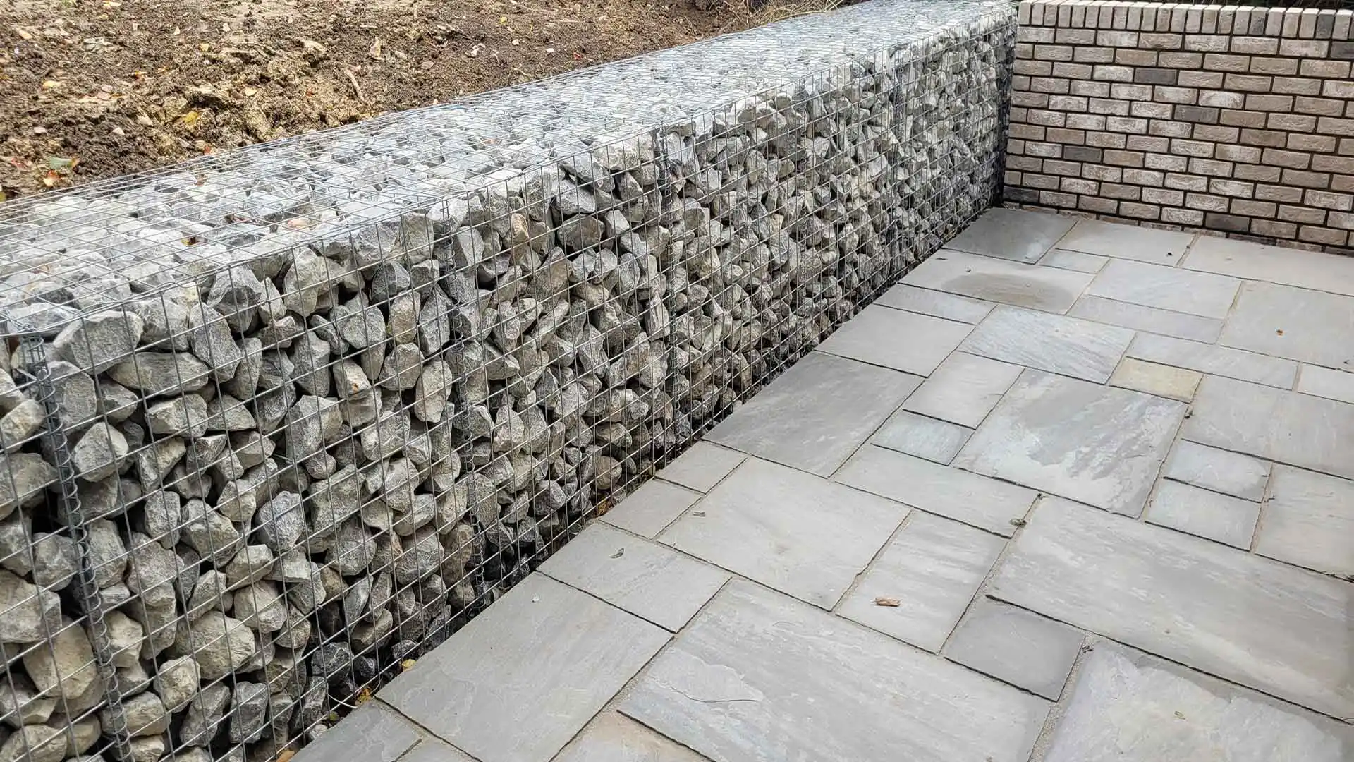 Sandstone Patio | Gabion | Grey Brick Wall | Case Study